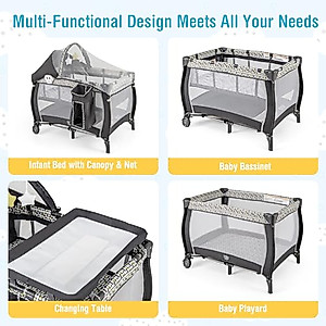 BABY JOY 4 in 1 Pack and Play, Portable Baby Playard with Bassinet, Adjustable Canopy, Changing Table, Lockable Wheels, Glowing Music Box, Travel Baby Crib Bassinet Bed from Newborn to Toddler Grey