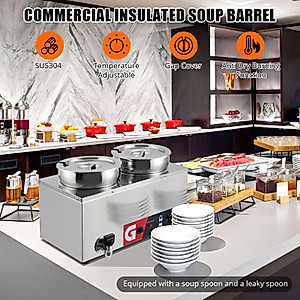 Asypets Commercial Soup Warmer - Stainless Steel Buffet Bain Marie, 86-185℉ Adjustable Temp, Anti-Dry Burn, Reset Button, 1200W Electric Food Warmer for Restaurant