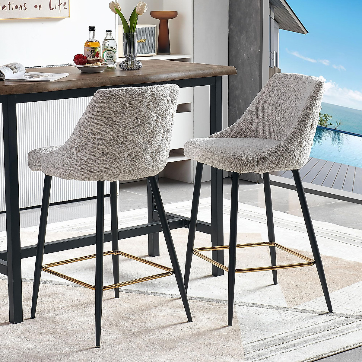 Homedot Counter Height Barstools Set of 2, Upholstered Home Kitchen Dining Chair Boucle Bar Stools with Backrest, Modern Bar Chairs with Footrest for Kitchen Island, Dining Room