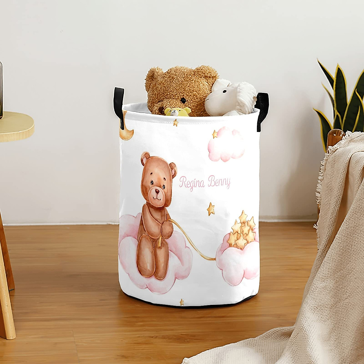 Cute Teddy Bear Stars Personalized Laundry Basket Clothes Round Storage Handle Waterproof, Custom Foldable Large Capacity and Lightweight, For Bedroom Bathroom Toy Decoration
