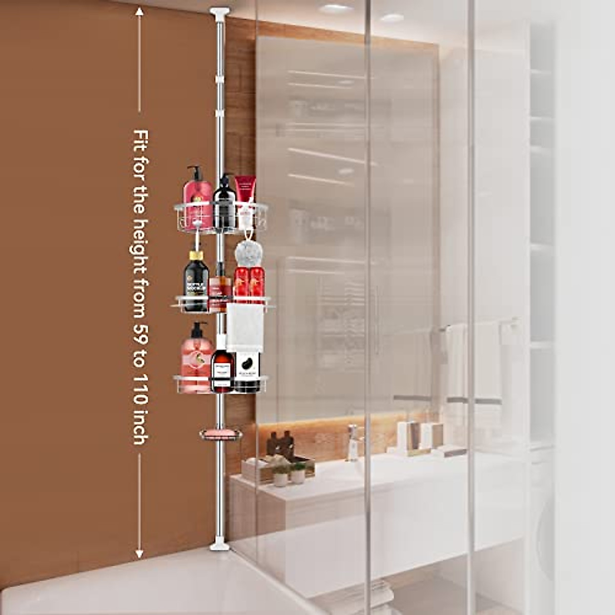 Lucalda Corner Shower Caddy Tension Pole, Stainless Steel Pole Organizer, Rustproof Shower Corner Shelf, Adjustable Shower Shelf with 4 Tier Baskets and 1 Towel Bar, 59-110 Inches, Silver