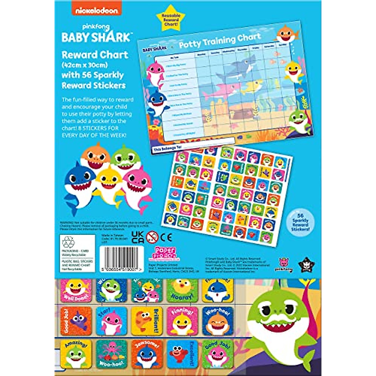 Paper Projects 01.70.30.041 Baby Shark Potty Training Includes 56 Sparkly Stickers | Colourful Chart is Wipe-Clean, Blue, 29.7cm x 42cm