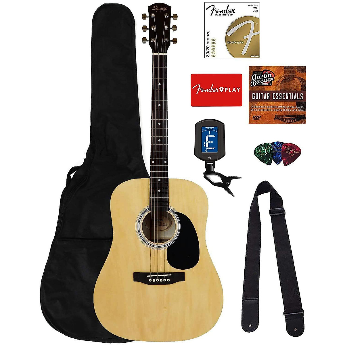 Fender Squier Dreadnought Acoustic Guitar - Natural Bundle with Gig Bag, Strap, Strings, Picks, Fender Play Online Lessons, and Austin Bazaar Instructional DVD