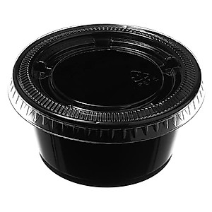 2 Oz Leak Proof Black Plastic Condiment Souffle Containers with Lids - Plastic Black Portion Cups with Plastic Lid Perfect for Sauces, Samples, Slime, Jello Shot, Food Storage (2 Ounce) (125)