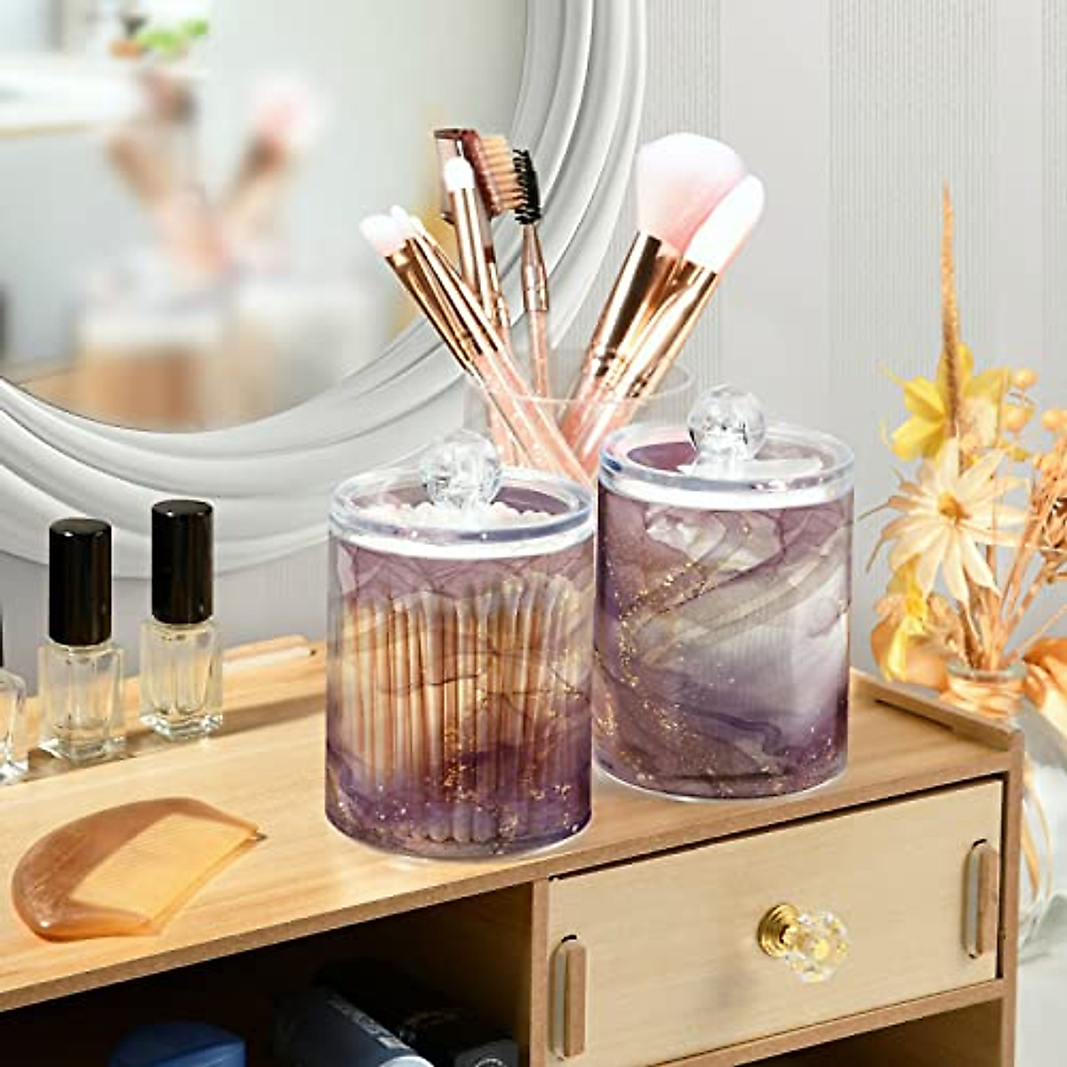 2 Pack Qtip Holder Organizer Dispenser Bright Purple Marble Grunge Bathroom Storage Canister Cotton Ball Holder Bathroom Containers for Cotton Swabs/Pads/Floss