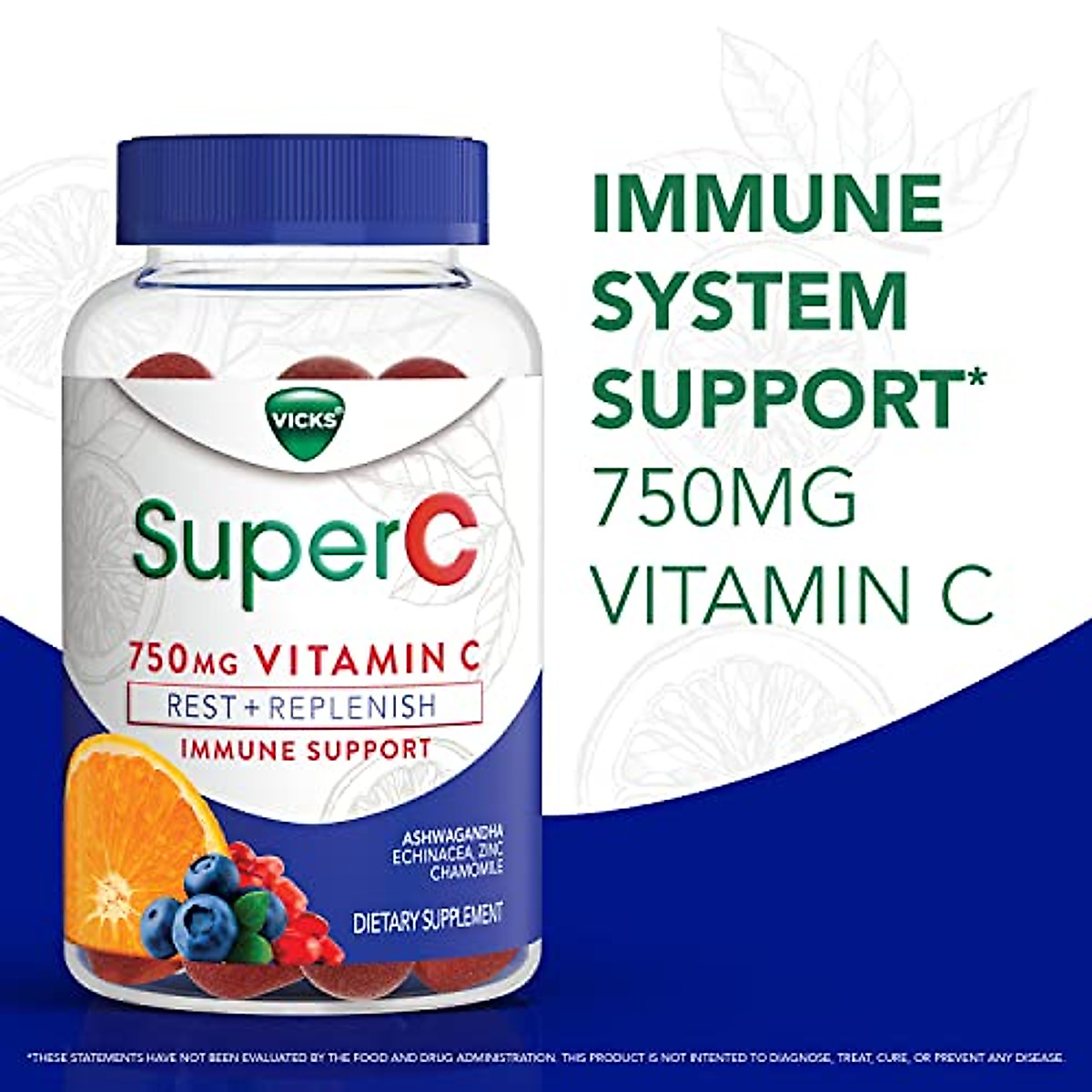 Vicks SuperC Vitamin C Gummies, Rest & Replenish, Immune Support (Vitamin C, Ashwagandha, Echinacea, Chamomile) Citrus Berry Flavored, 36 Gummies