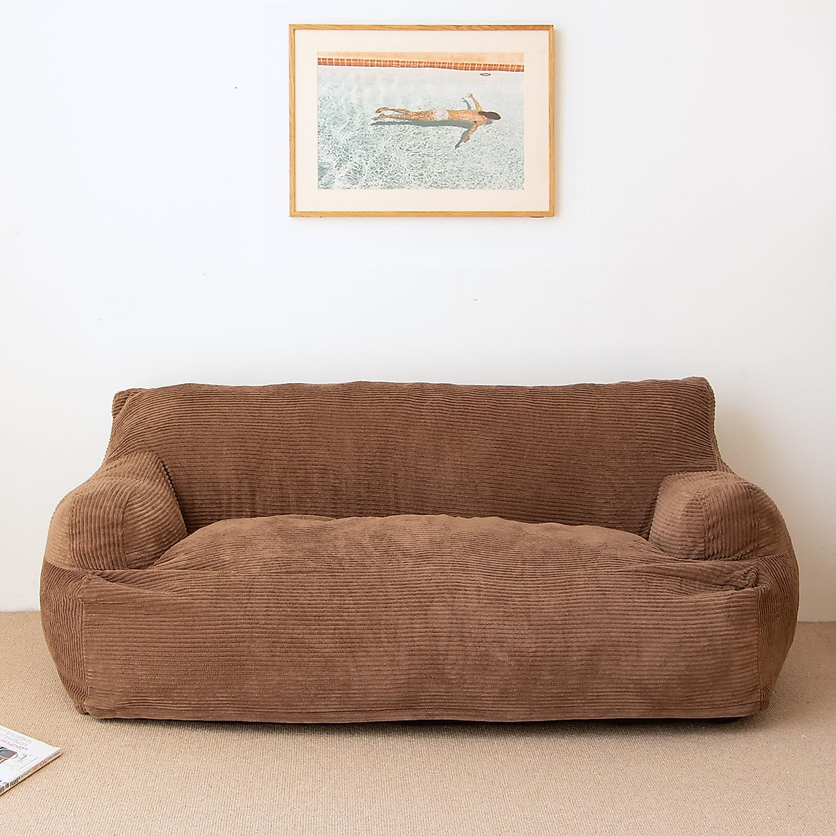 N&V Giant Twin Size Bean Bag Sofa, Foam Filling Floor Sofa, Includes Removable and Machine Washable Cover, Brown