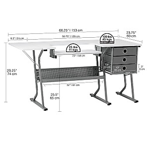 Sew Ready Eclipse Hobby and Sewing Machine Table - White Sewing Table with Gray Storage Drawers + Large Lower Shelf - Can Also Be Used as Computer Desk