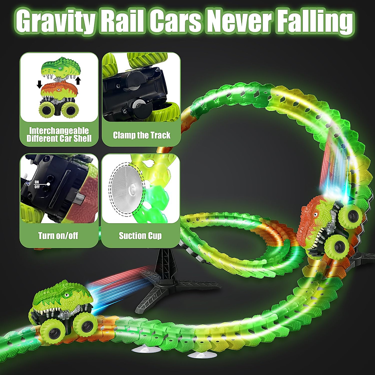 OSALON Dinosaur Race Car Tracks Toys Set for Kids Boys Girls Ages 3 4 5 6+ Electric Dinosaur Turkc Cars with Strong Suction Cup,Steady Tripod 130+ Pcs Train Car Tracks Birthday Gift Christmas
