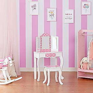 Teamson Kids Princess Gisele Polka Dot Print 2-Piece Kids Wooden Play Vanity Set with Table, LED-Illuminated Tri-Fold Mirror, Storage Drawer, and Matching Stool, White with Pink Polka Dot Accent