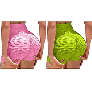 White for Women 2 Piece Womens Workout Biker Shorts High Waisted Tummy Control Stretch Skinny Shorts Gym Brazilian Textured Hot Shorts(Pink+Green,Large)