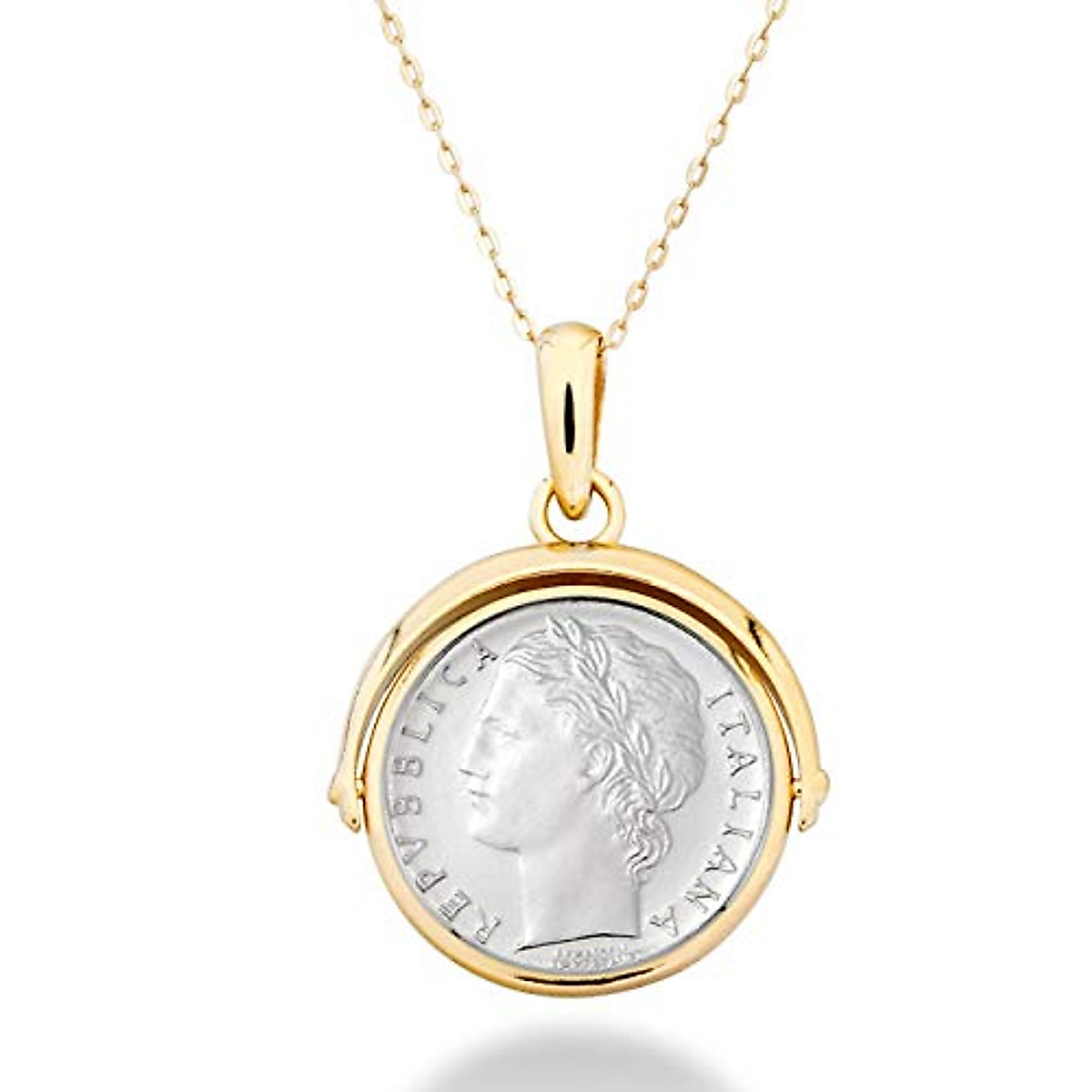 Miabella 18K Gold over Sterling Silver Italian Genuine Reversible Flip 100 Lira Coin Pendant with Adjustable Chain Necklace, Medallion Made in Italy