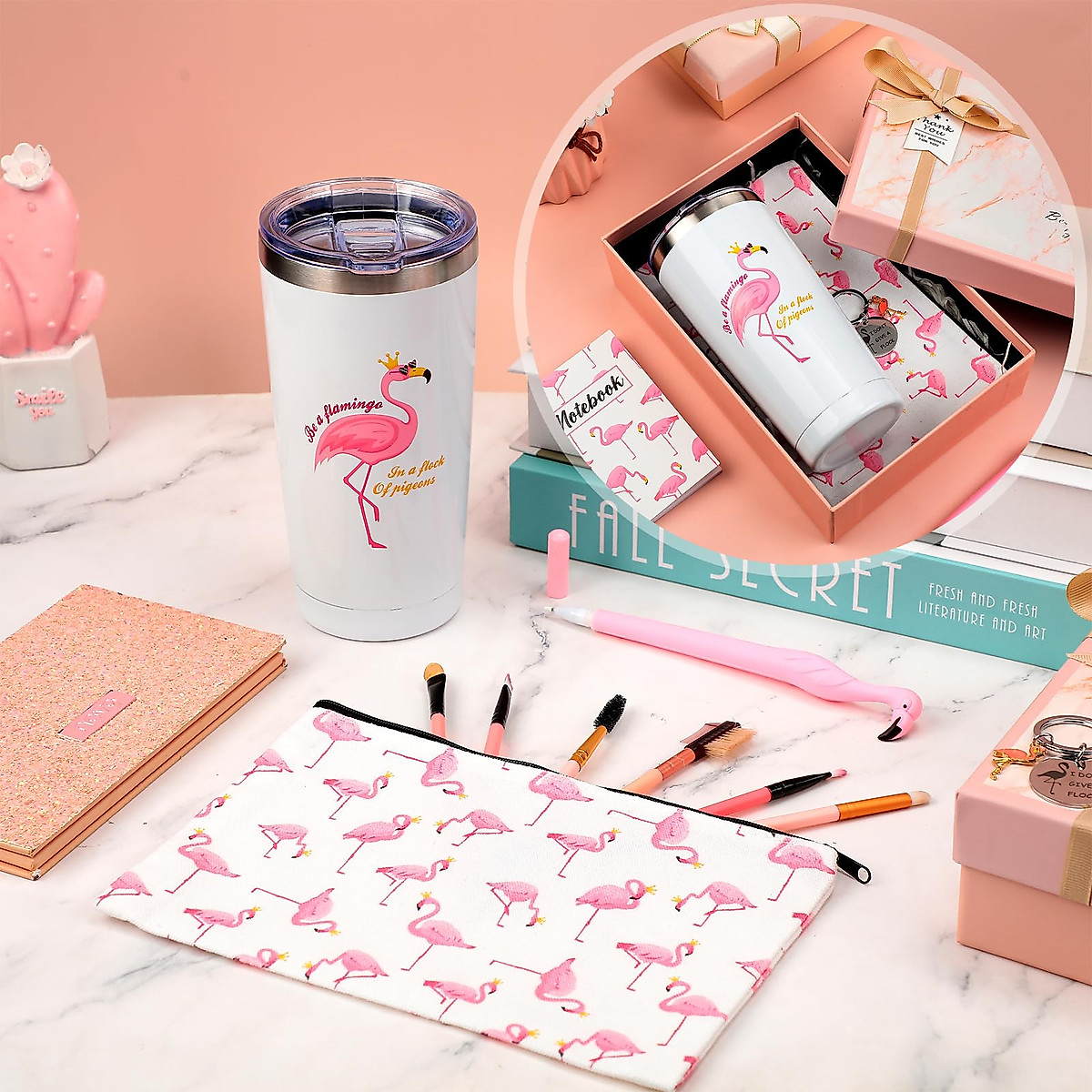 Panitay 6 Pcs Flamingo Gifts Set Pink Flamingo Socks Flamingo Stainless Steel Tumbler Notebook Pen Cosmetic Bag Keychain