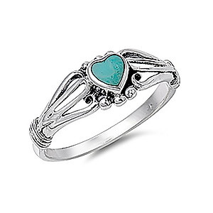 Blue Apple Co. Heart Promise Ring Simulated Green Turquoise 925 Sterling Silver