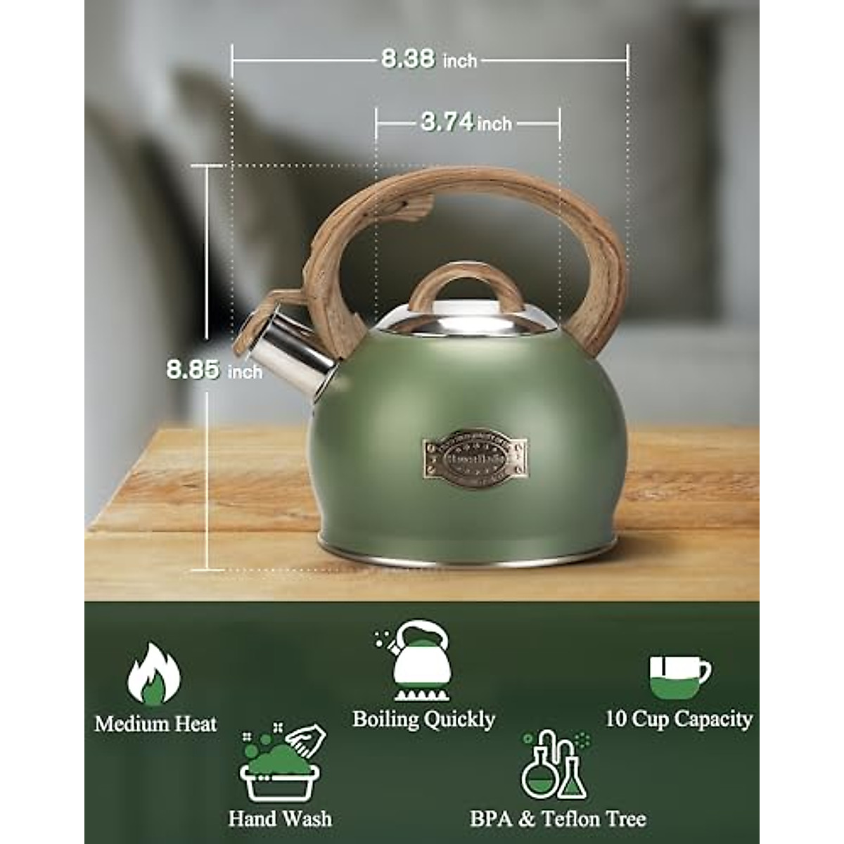 Hauce Radio Tea Kettle Stovetop, 2.1 Quart Stove Top Whistling Tea Kettle, Teapot Kettles with Food Grade Stainless Steel and Wood Pattern Folding Handle, Suitable for All Heat Sources