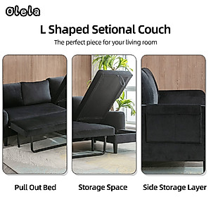 Olela Pull Out Sleeper Sofa Couch,Velvet Convertible Sofa Bed L Shape Sectional Sofa with Storage Chaise and Pocket for Living Room (Black), (convertible sofa bed-1)