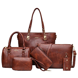 AlwaySky Women 6PCS Handbag and Purse Set Hobo Tote Satchels Shoulder Bag Clutch Wallet Brown