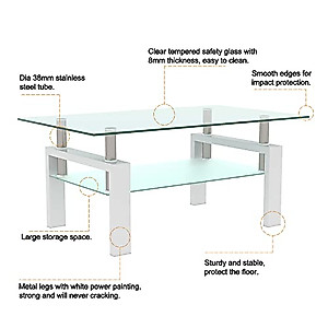 IANIYA Coffee Table with Metal Tube Legs, Glass and Rectangle End Table for Livingroom (White)