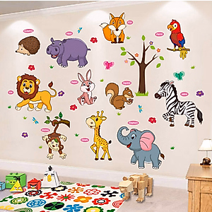 Animal Wall Sticker Cartoon Baby Children DIY Art Decal Self-Adhesive Wallpaper Mural Decorate for Living Room TV Sofa Background Bedroom Kids Room Nursery