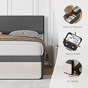 Amyove Queen Size Bed Frame with 2 Storage Drawers, Grey Queen Platform Upholstered Bed Frame with Headboard, Mattress Foundation with Steel Slats Support, No Box Spring Needed (Queen)