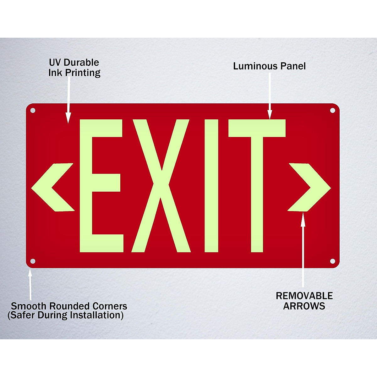 (2 Pack) Photoluminescent Exit Sign Red - with Removable Directional Arrows, With strong self adhesive tape, 14.25 x 7.5 Inches Heavy Duty Aluminum Signs, Fade Resistant