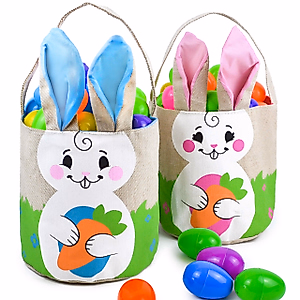 JOYIN 2 Pcs Easter Bunny Basket Set for Easter Eggs Hunt, Burlap Egg Tote Gift for Kids, Party Favor