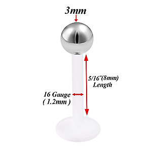 bodyjewellery 3pcs 16g Labret Studs Lip Ring Snakebite Monroe Bioflex Flexible Cartilage Conch Forward Helix Tragus Steel Ball Pick Size (3 Pcs(8mm))