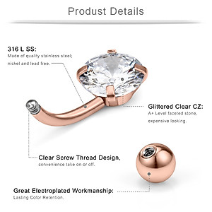 Ruifan 14G 316L Surgical Steel Four Prong-set Clear CZ With Shiny Ball Top Belly Earring Navel Button Rings Short Bar 6mm 8mm 10mm 3PCS - Rose Gold