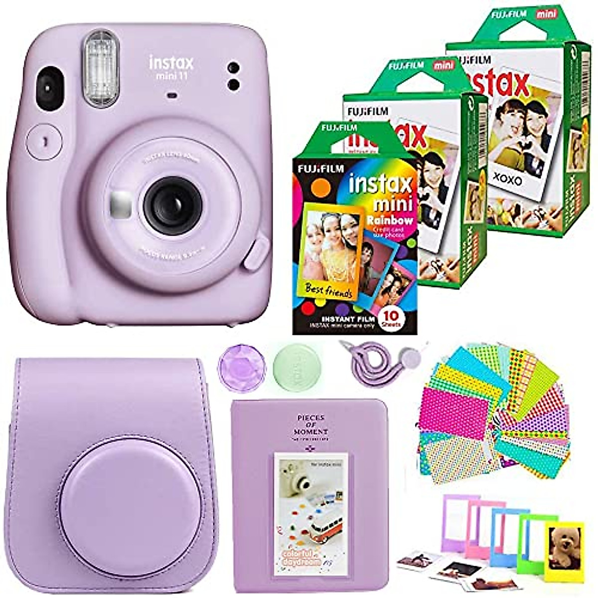 Fujifilm Instax Mini 11 Camera with 2X Fuji Instant Film Twin Pack - Fujifilm Instax Mini Rainbow Film Total 50 Shoot+ Case, Album, Stickers, Accessories (Lilac Purple)