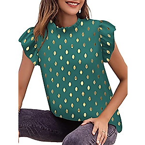 Avanova Women's Gold Dot Print Ruffle Cap Sleeve Frill Trim Crewneck Elegant Work Blouse Top Gold Dot Light Green X-Large