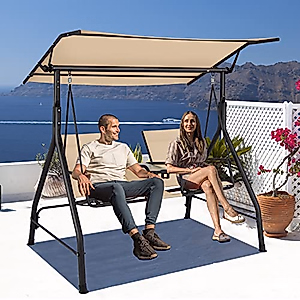 Tangkula 2 Person Porch Swing, Outdoor Swing with Tempered Glass Table, 2 Cup Holder, Patio Swing with Adjustable Canopy for Garden, Porch, Backyard