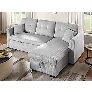 BEEY Small Sleeper Sofa, 82" Convertible L Shaped Couch with Pull Out Bed and Storage Chaise, Corduroy Sectional Sofa Bed for Bedroom, Living Room, Apartment, Light Grey