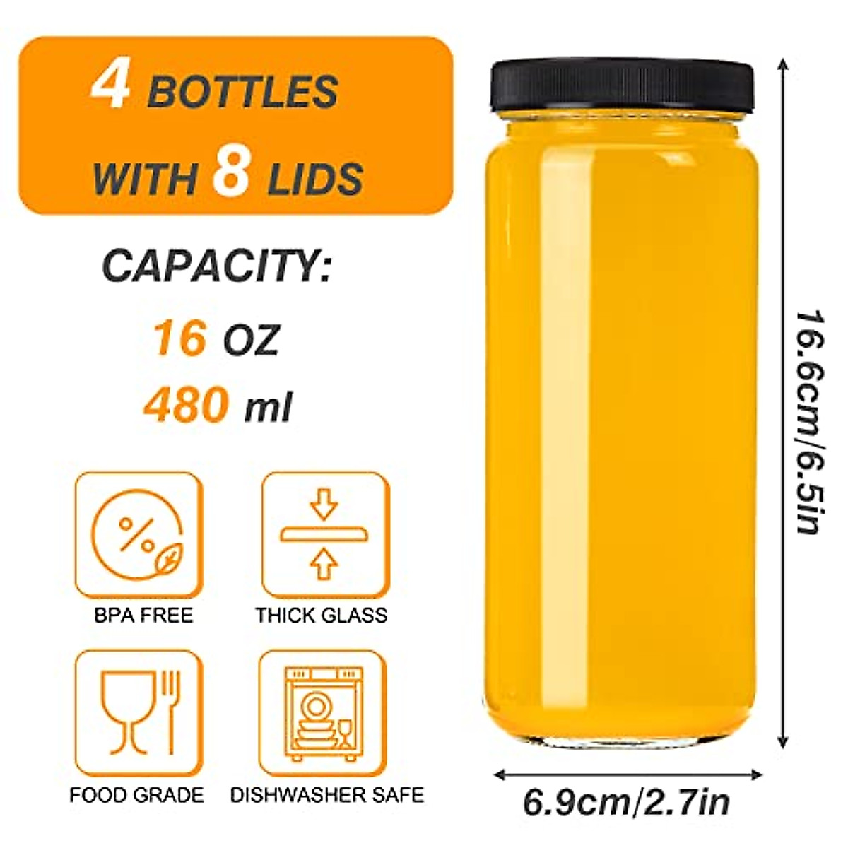 CUCUMI 4pcs 16oz Glass Juice Bottles with Lids, Reusable Juice Containers Drinking Jars Water Cups with Brush, Glass Straws, Lids with Hole