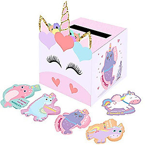 Valentine Boxes for Kids - Unicorn Valentines Day Cards for School Classroom Boys Girls Gifts Exchange & Greeting, Kids Valentines Gift for Party Favor Sets (1 Mailbox/32 Unicorn Cards/1 Teacher Card)