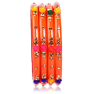 JD'Z COLLECTION Bollywood Bangle Bracelets For Women & Girls Partywear Kada Indian Glass Bangles Jewelry Set Flower Designer Saree Matching 4pc Bangles For Women (Orange, 2.6)