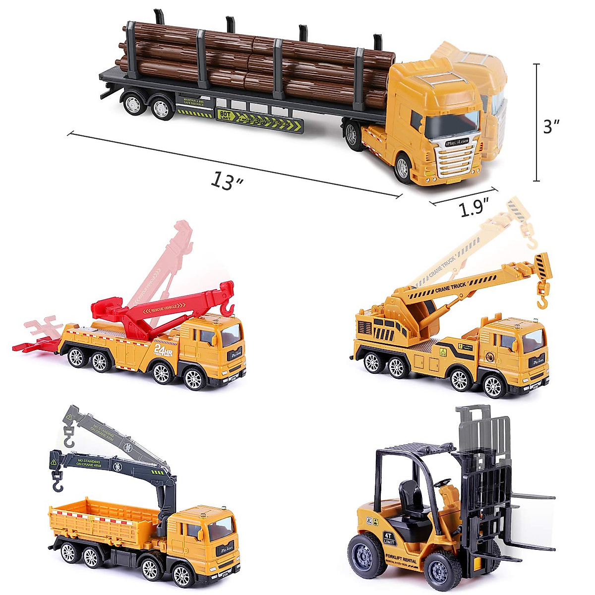iPlay, iLearn Construction Truck Toy Set, Cargo Transport Vehicles Site Playset, Gantry Crane, Trailer, Logging, Pickup Tow Trucks, Forklift, Birthday Gift for 3 4 5 Year Olds Boys Kid Toddler Child