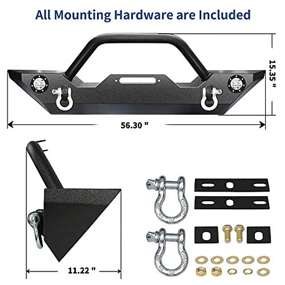 YITAMOTOR Front & Rear Bumper Combo Compatible with 1997-2006 Jeep Wrangler TJ with 2" Hitch Receiver & D-Rings & Square Lights, Upgraded Textured Black Bumper w/Winch Plate