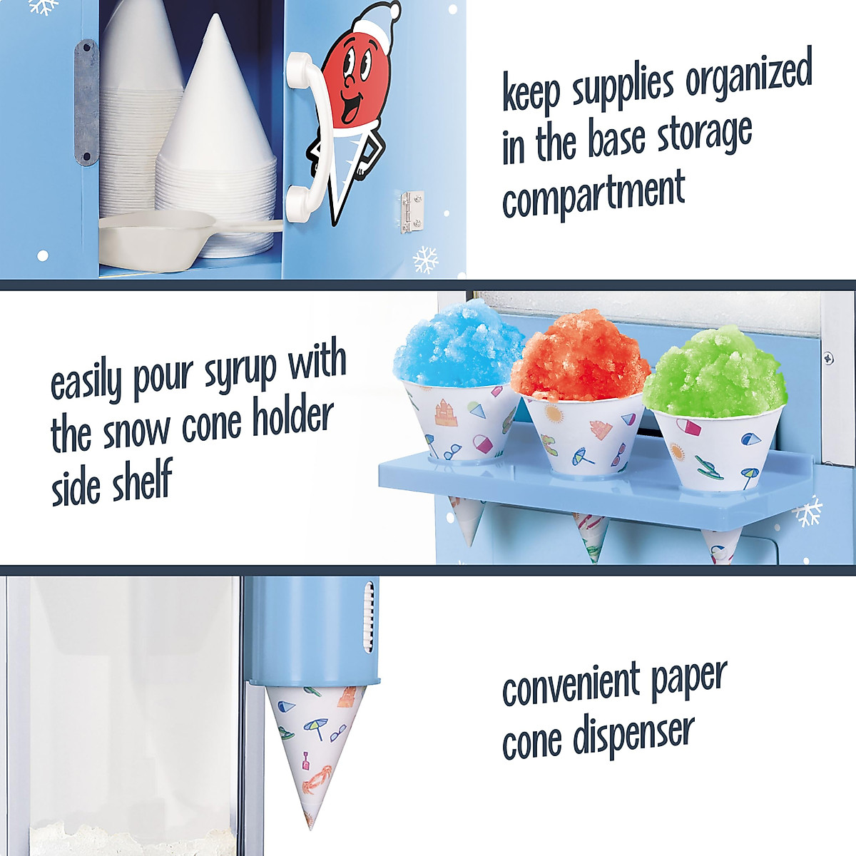 Nostalgia Snow Cone Shaved Ice Machine - Retro Cart Slushie Machine Makes 72 Icy Treats - Includes Metal Scoop, 2 Syrup Bottles, 100 Paper Cups/Spoons, Storage Compartment, Wheels - Blue, 54" Tall