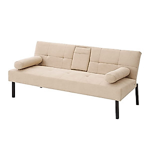 Panana Convertible Sofa Bed, Small Couch Sleeper Linen Upholstered Home Recliner Reclinening Daybed Guest Bed Couch for Living Room Apartment Dorm Bonus Room (with Drinks Holder, Beige)