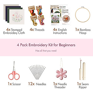 4 Pack Embroidery Kit for Beginners,Adults DIY Starter Kit,Cross Stitching Kits with Flower Stamped Patterns,Hoop,Tools,Colorful Threads with Needles,Step by Step Instructions,Hand Craft Lover Gift
