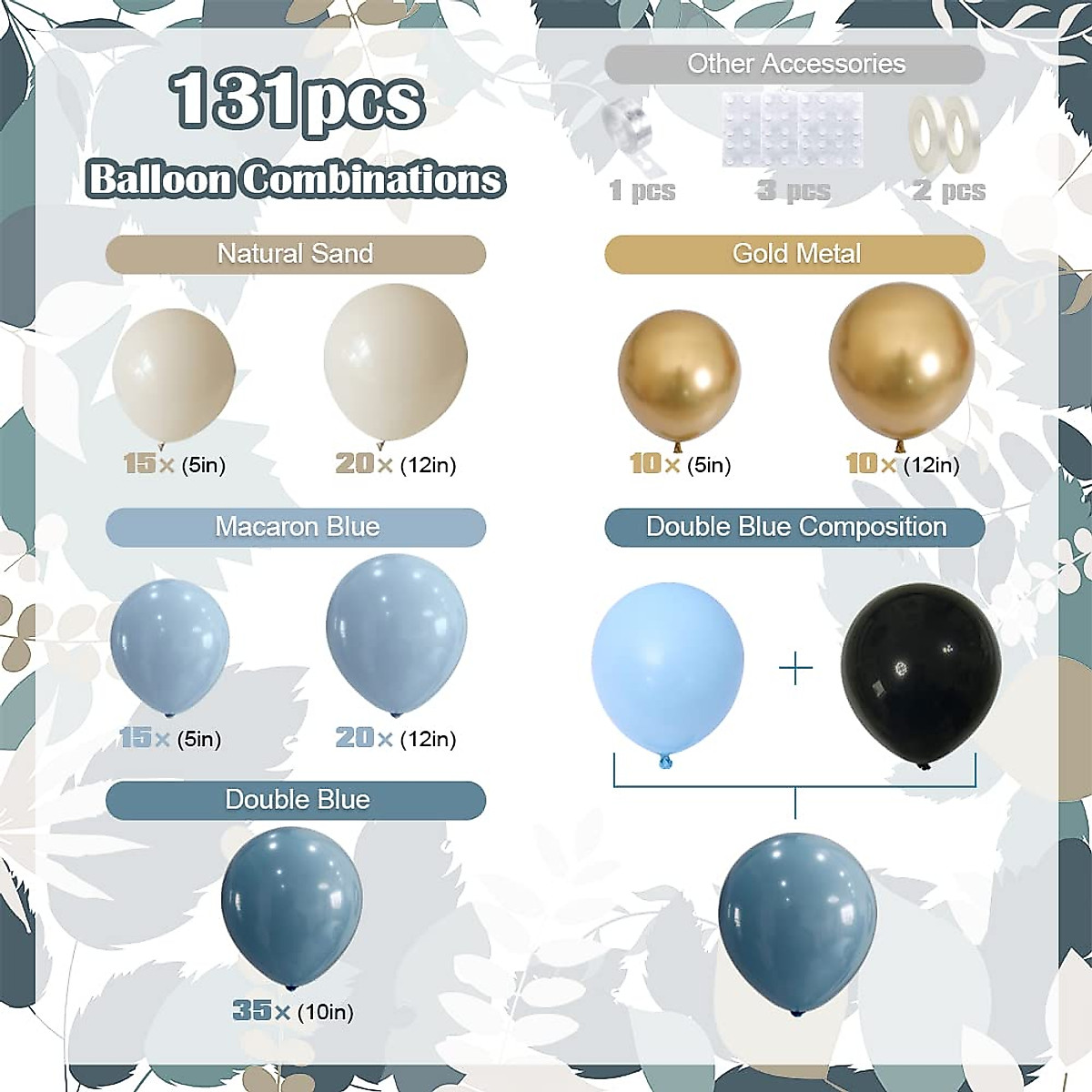 Navy Blue Balloon Garland, SKEFOLI 131PCS Dusty Blue Double Balloon Arch Kits Matte Light Blue and White Sand Balloons Birthday Party Decorations for Boys Men Baby Shower Gender Reveal (Navy Blue)