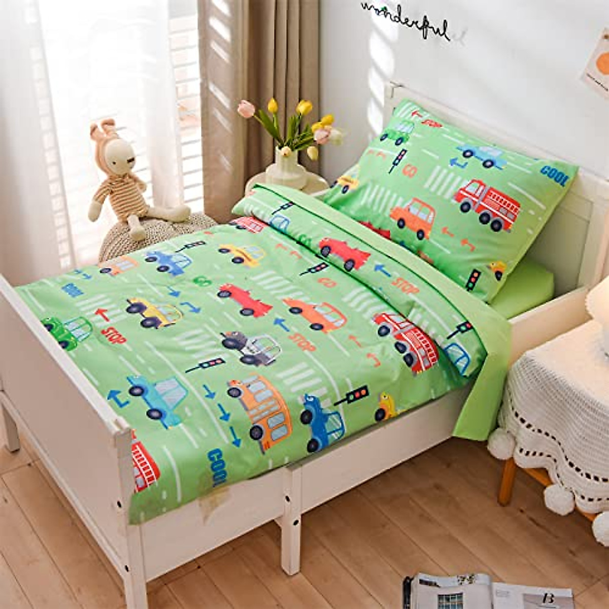 A Nice Night 4PCS Toddler Bedding Set, Transport Vehicles Cars Pattern, Comforter Sets,Includes Comforter, Flat Sheet, Fitted Sheet and Pillowcase,Green