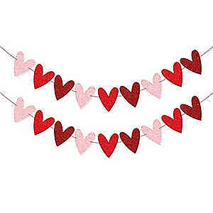 XIANMU 2 Pack Glittery Heart Banner Garland Valentines Day Decorations Pre-Strung Romantic Heart Bunting for Anniversary Wedding Engagement Birthday Baby Shower Party Decoration 3 Colors