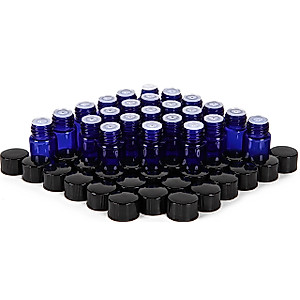 24, Cobalt Blue, 2 ml (5/8 Dram) Glass Bottles, with Orifice Reducers and Black Caps