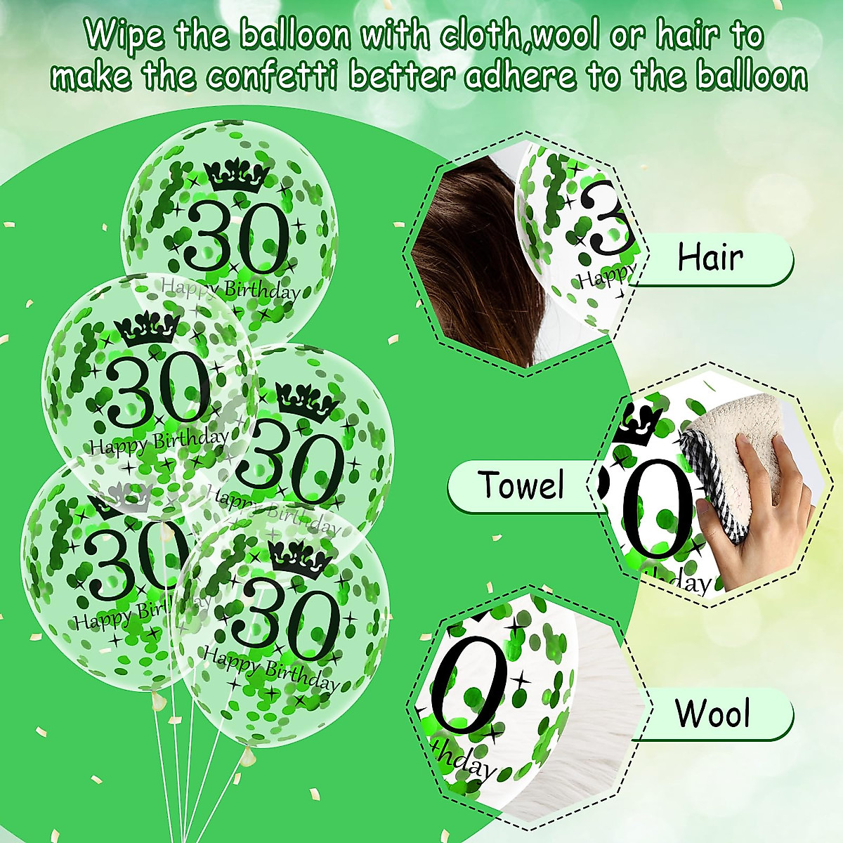 30th Green Birthday Balloons Decorations,15PCS Green and Black 30th Happy Birthday Balloons for Women Men 30 Years Old Anniversary Party Latex Inflatable Clear Confetti Balloon Indoor Outdoor Supplies