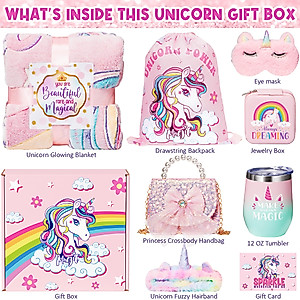 Trabuono Birthday Gift for Girls Age 6-8, Unicorn Toys for Girl Basket for 4 5 6 7 8 9 10 11 12 Year Old Kids Tween with Glow in The Dark Blanket Crossbody Bag Purse Cup Jewelry Box