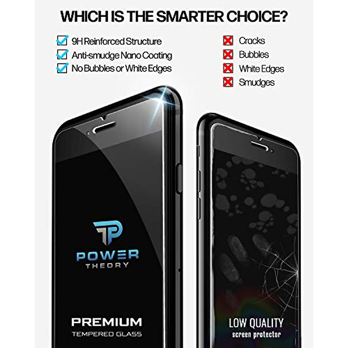 Power Theory Designed for iPhone 8 Plus Screen Protector/iPhone 7 Plus Screen Protector Tempered Glass [9H Hardness], Easy Install Kit, 99% HD Bubble Free Clear, Case Friendly, Anti-Scratch, 2 Pack