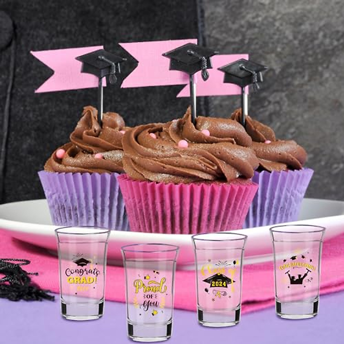 Rtteri 12 Pcs Graduation Clear Party Shot Glasses Set 2024 Graduation Whiskey Glass Gift 1.2 oz Thick Base Shot Glasses Funny Graduation Glass for College High School Graduate Party Supplies, 6 Styles