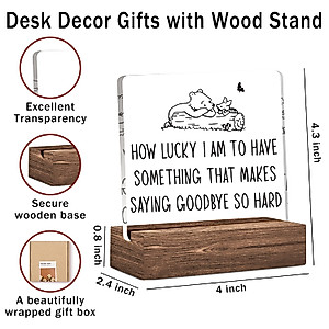 Graduation Goodbye Gifts, Cute Winnie the Pooh Clear Acrylic Desk Decorative Sign with Wood Stand, Home Office Positive Plaque Decor, Graduation Farewell Gifts for College Students Girls Boys