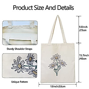 Canvas Floral Botanical Tote Bag for Women, Reusable Grocery Bags, Cute Cat Tote Bags Aesthetic for Shopping